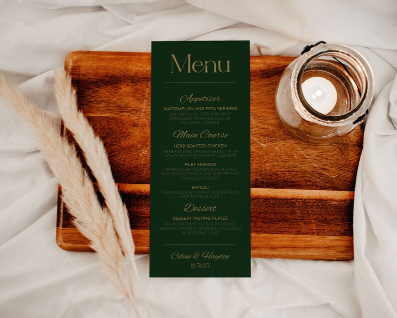 Custom Wedding Menu Template, Emerald Green Menu, Wedding Menu Cards ...