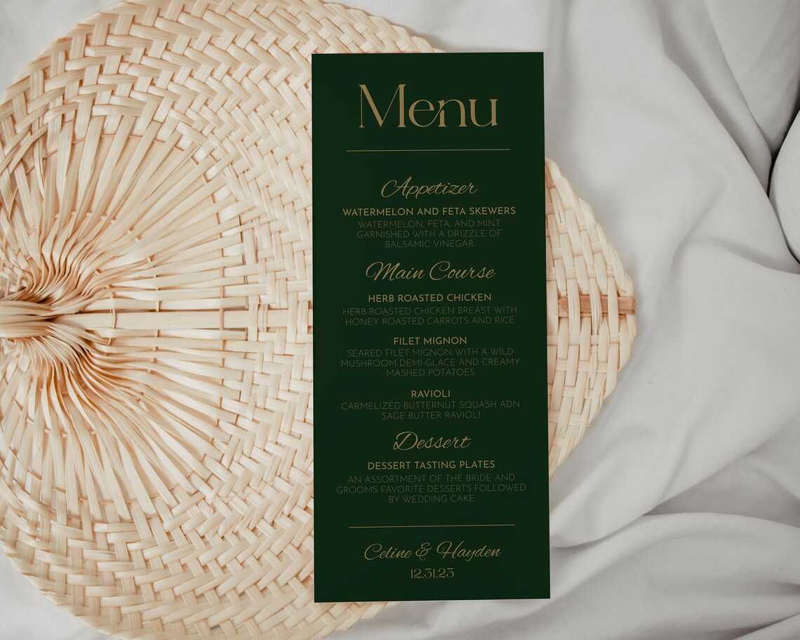 Custom Wedding Menu Template, Emerald Green Menu, Wedding Menu Cards ...