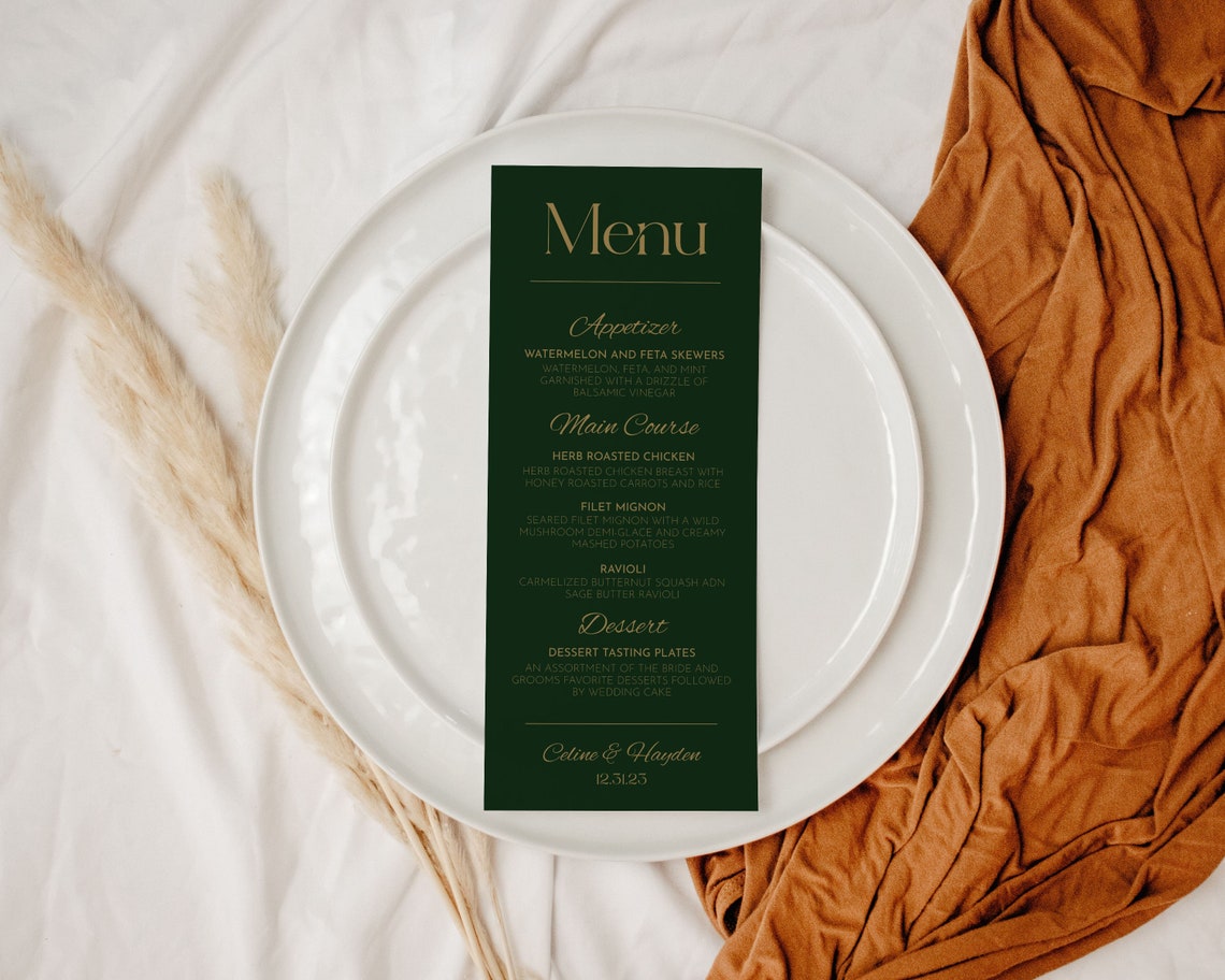 Custom Wedding Menu Template, Emerald Green Menu, Wedding Menu Cards ...
