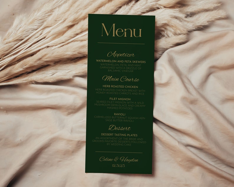 Custom Wedding Menu Template, Emerald Green Menu, Wedding Menu Cards ...