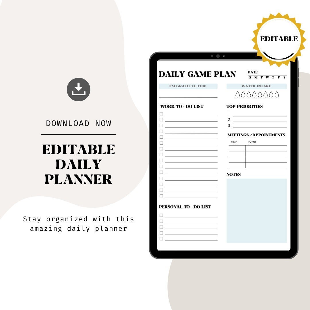 Editable Daily to Do List | Planner | Schedule | Game Plan | PDF Download | Printable Stationary ...