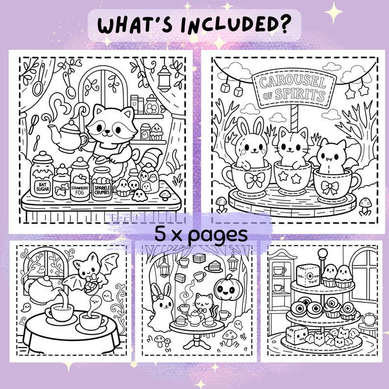 Ghostly Tea Party Coloring Book – 5 Hand-drawn Spooky Cute Pages ...