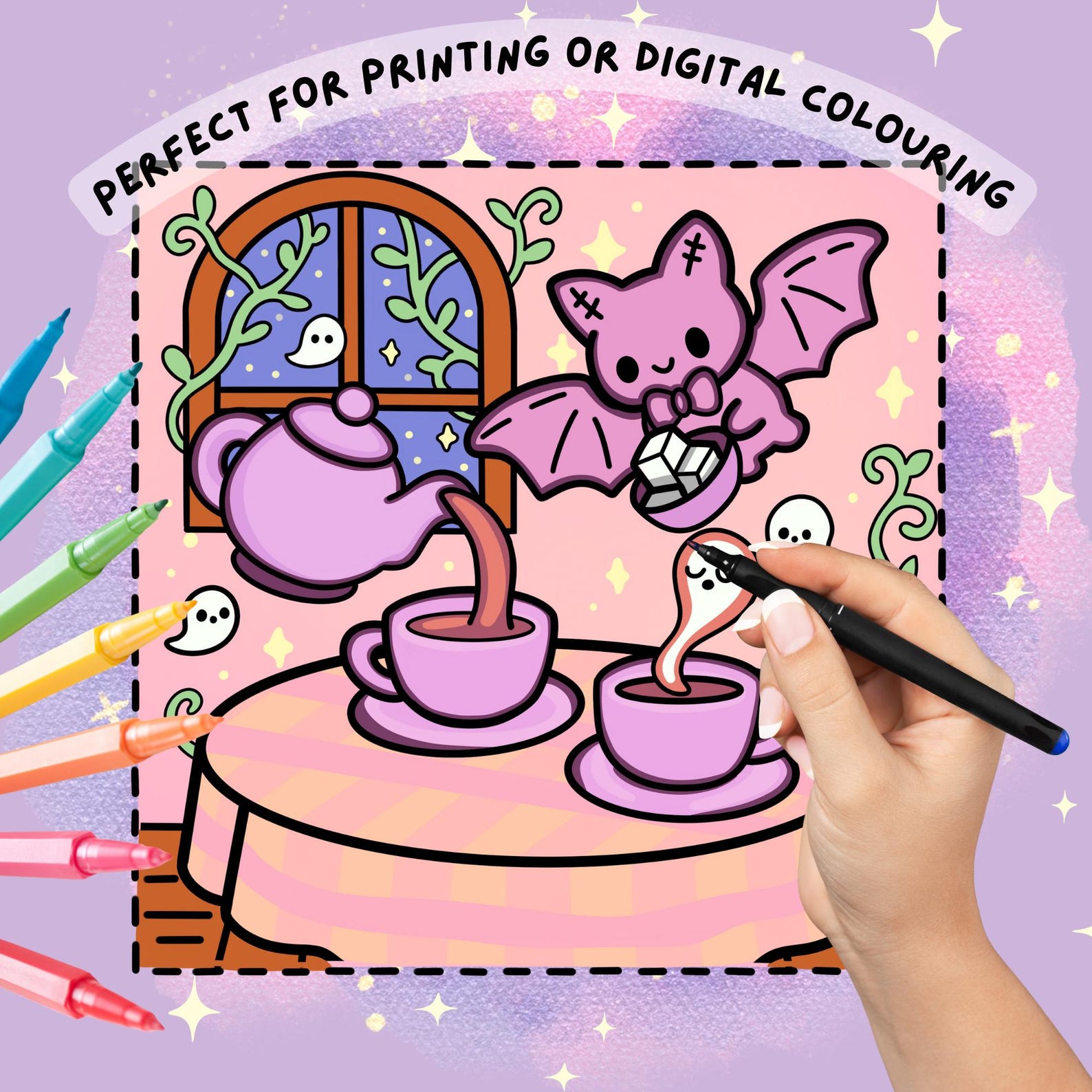 Ghostly Tea Party Coloring Book – Kawaii Halloween Hand-drawn Printable ...