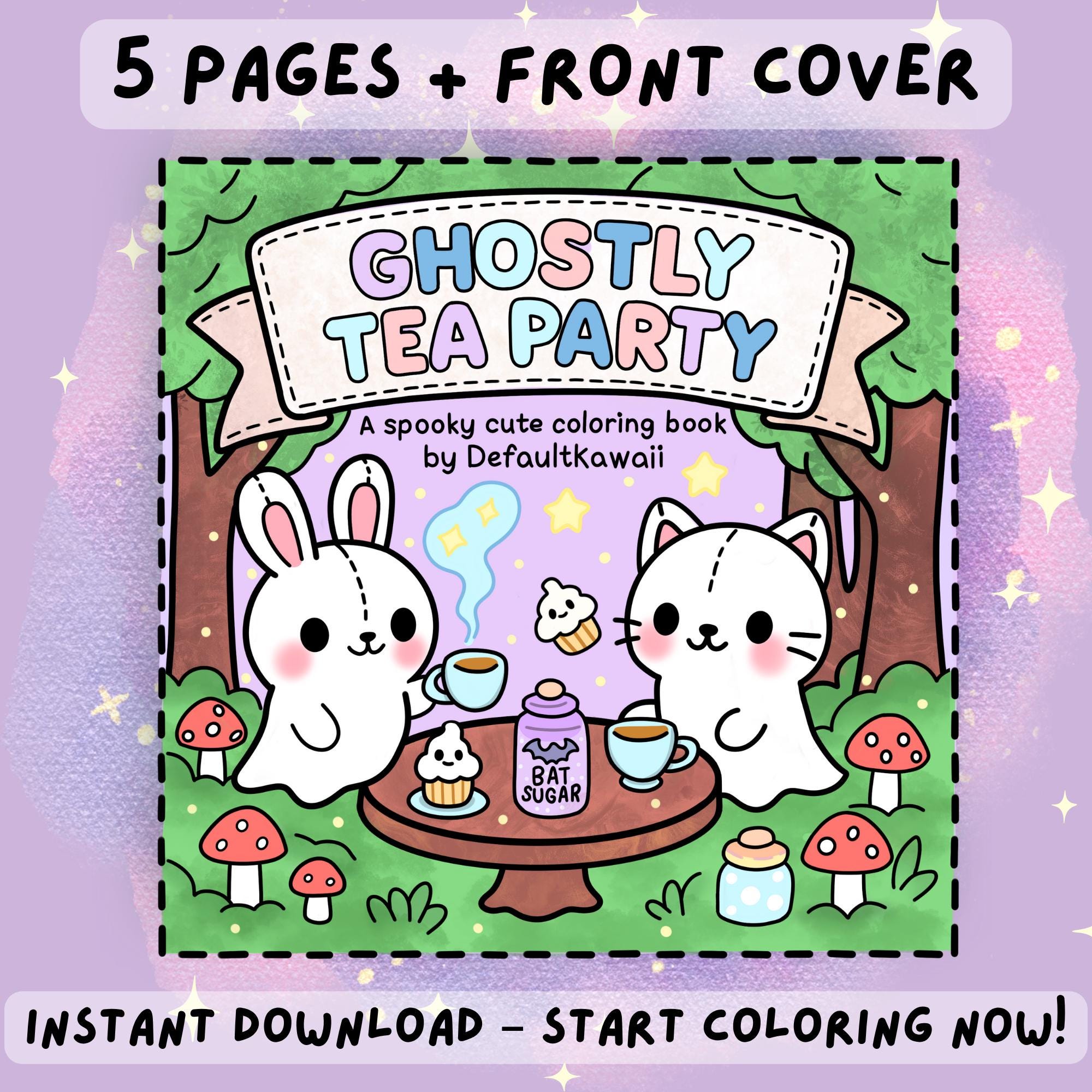 Ghostly Tea Party Coloring Book – Kawaii Halloween Hand-drawn Printable ...