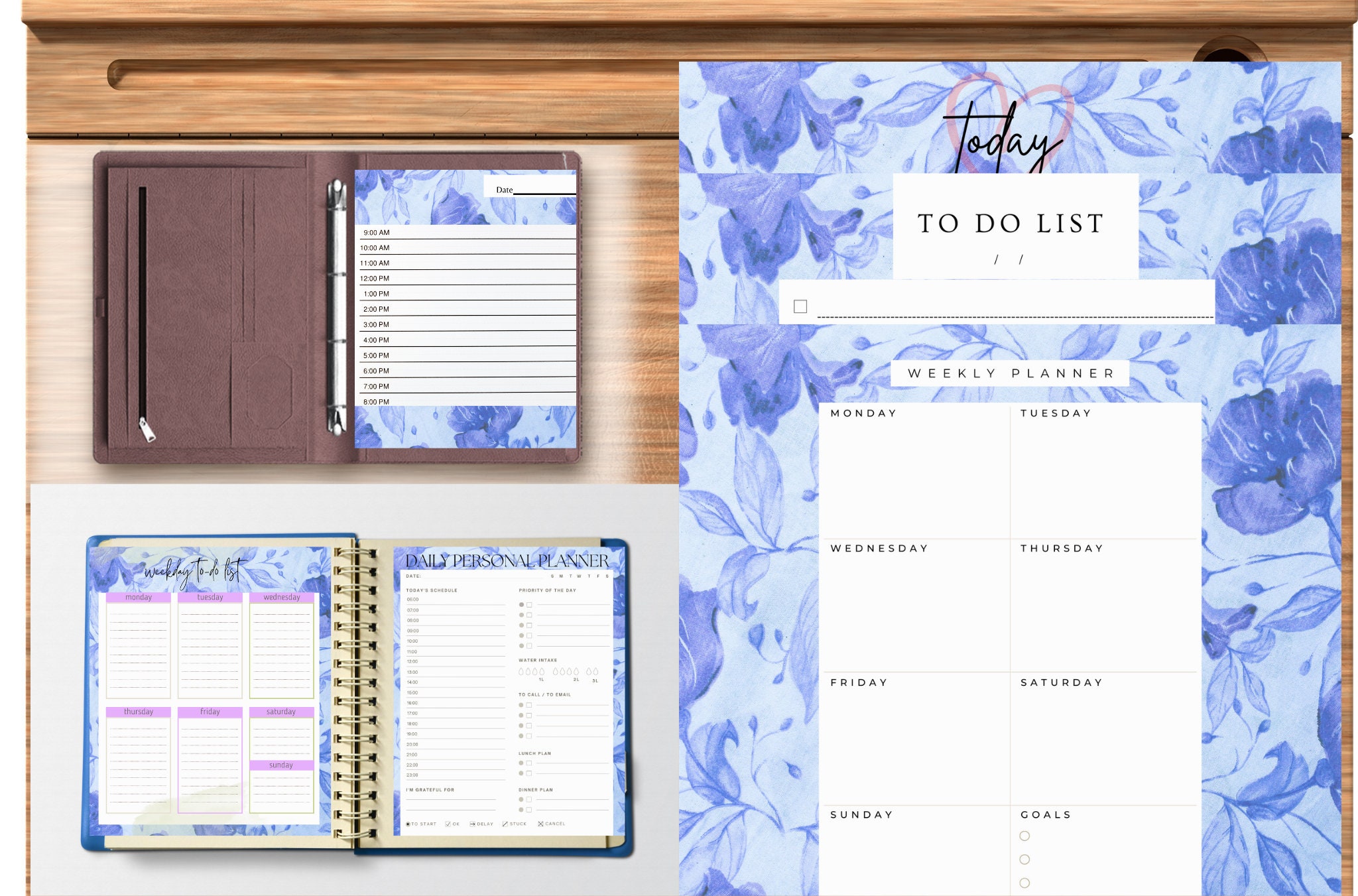 Blue Floral Daily Planner Printable, Organizational Digital Download ...
