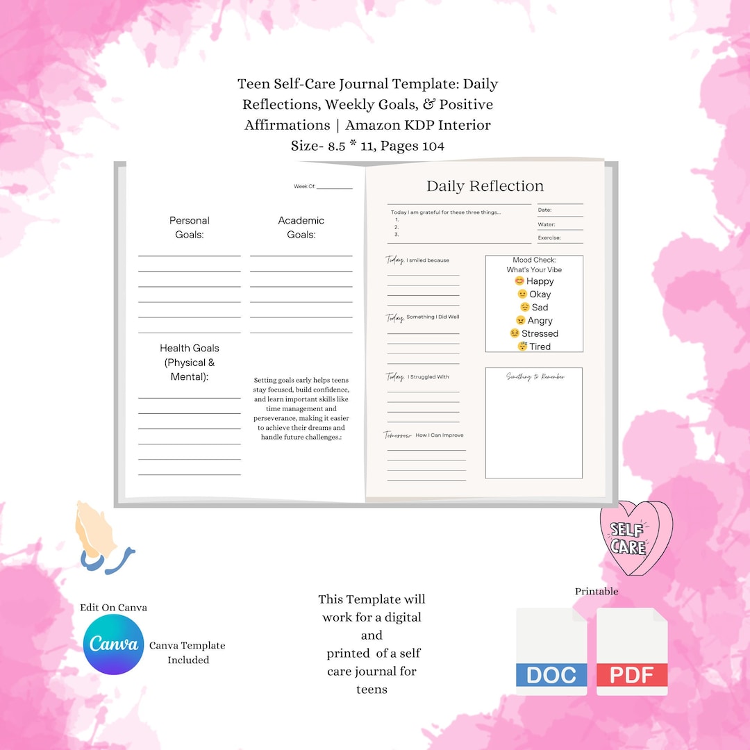 Teen Self-care Journal Template: Daily Reflections, Weekly Goals ...
