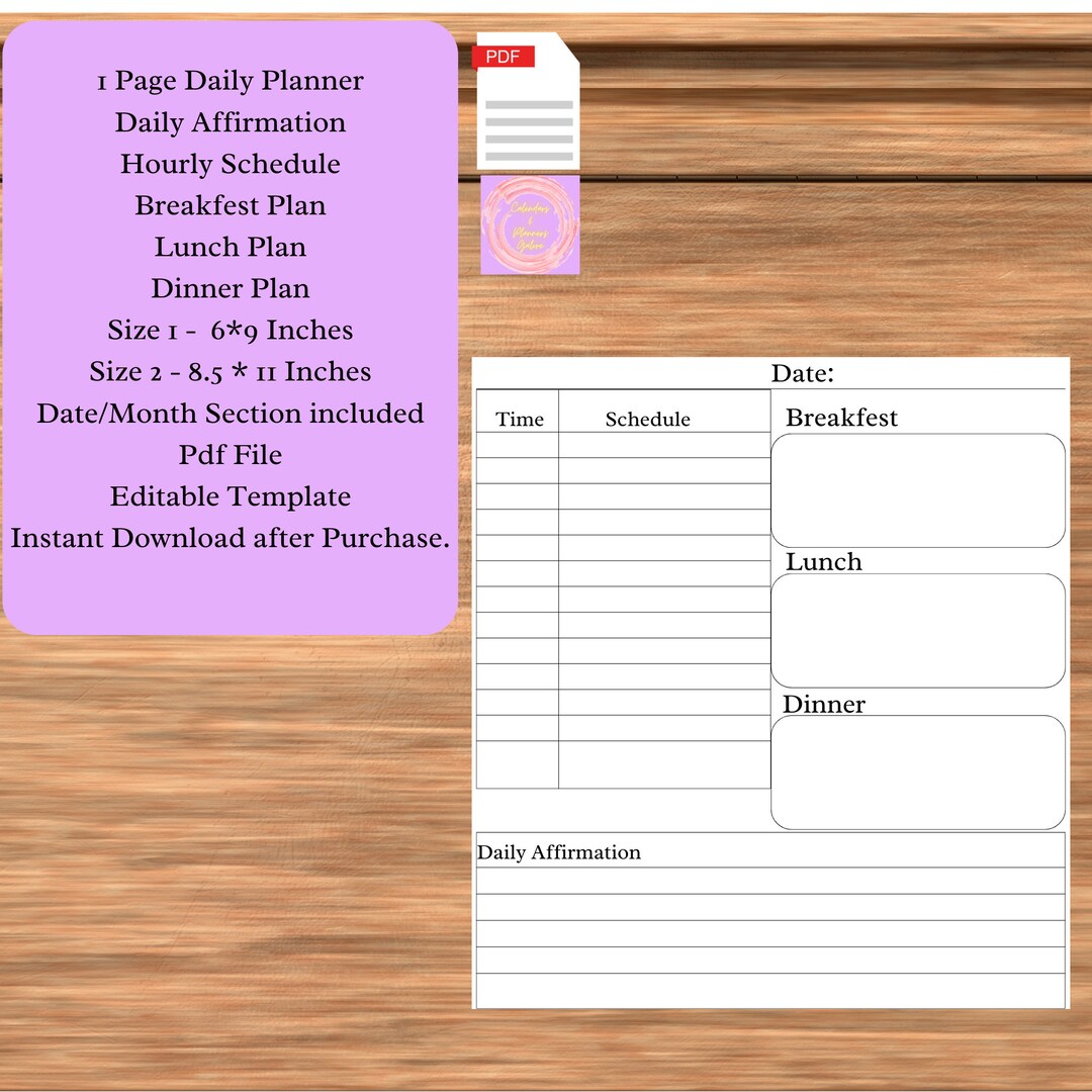 1 Page Daily Planner Printable With Affirmation Meal Planning Schedule ...