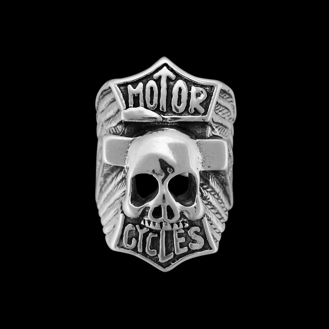 925 Sterling Silver Motor Cycle Ring, Flying Hog Skull Ring, Size 10.25 ...