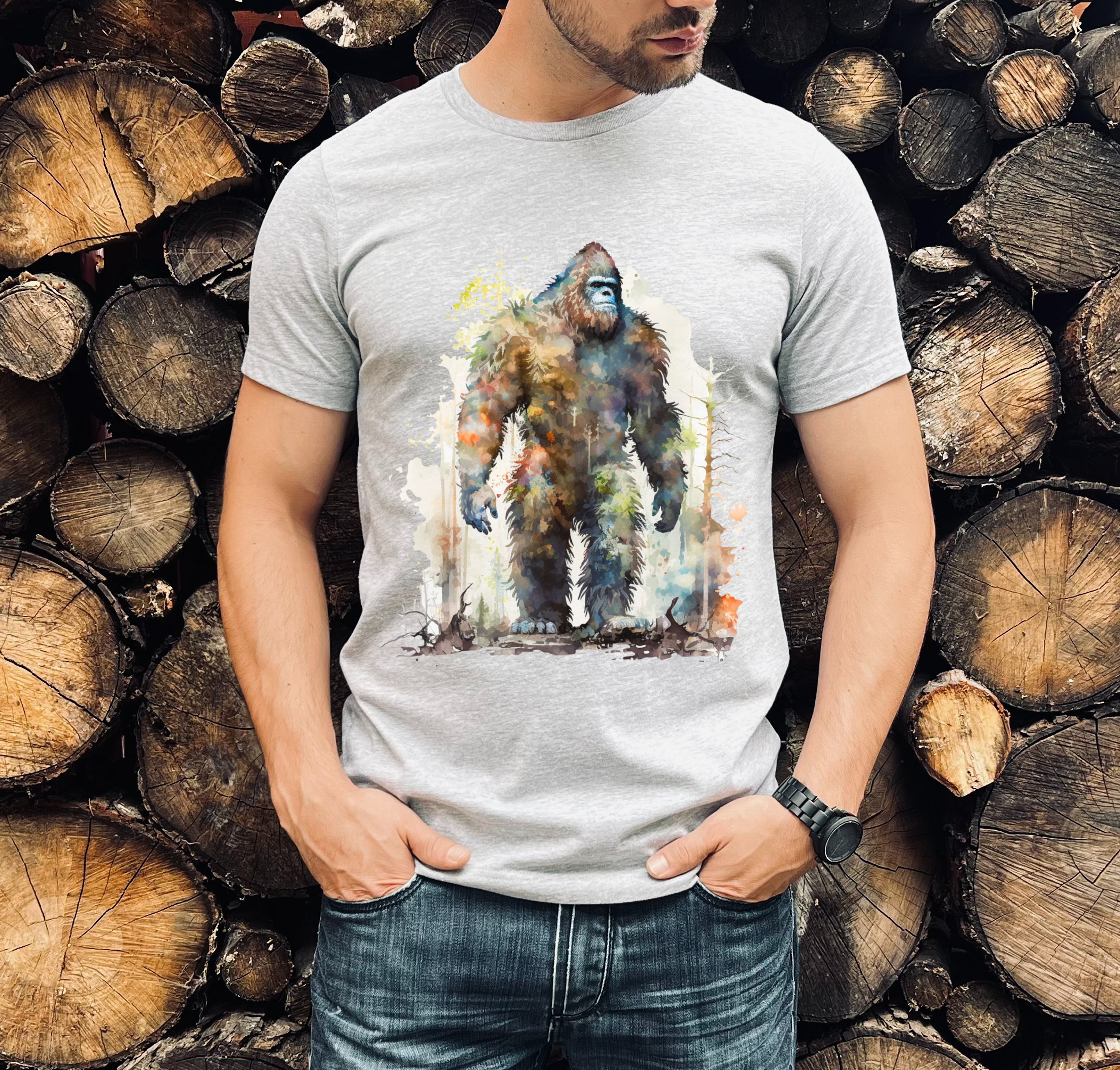 Bigfoot T-shirt, Watercolor Bigfoot Tee, Sasquatch Shirt for Men ...
