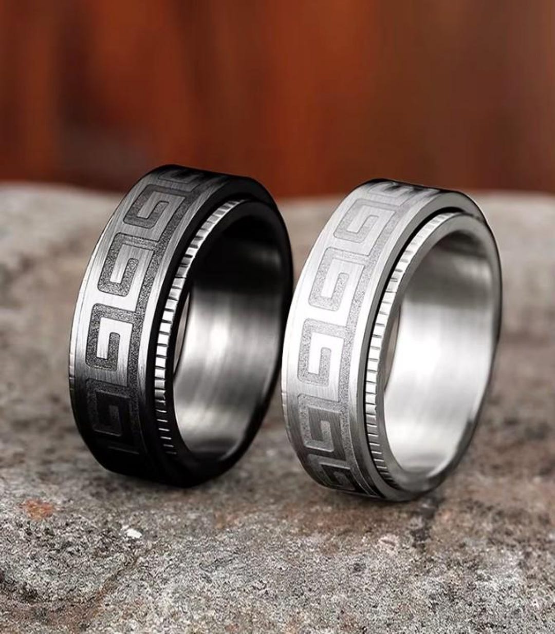 Greek Key Spinner Tungsten Rings for Men Black & Silver Durable ...