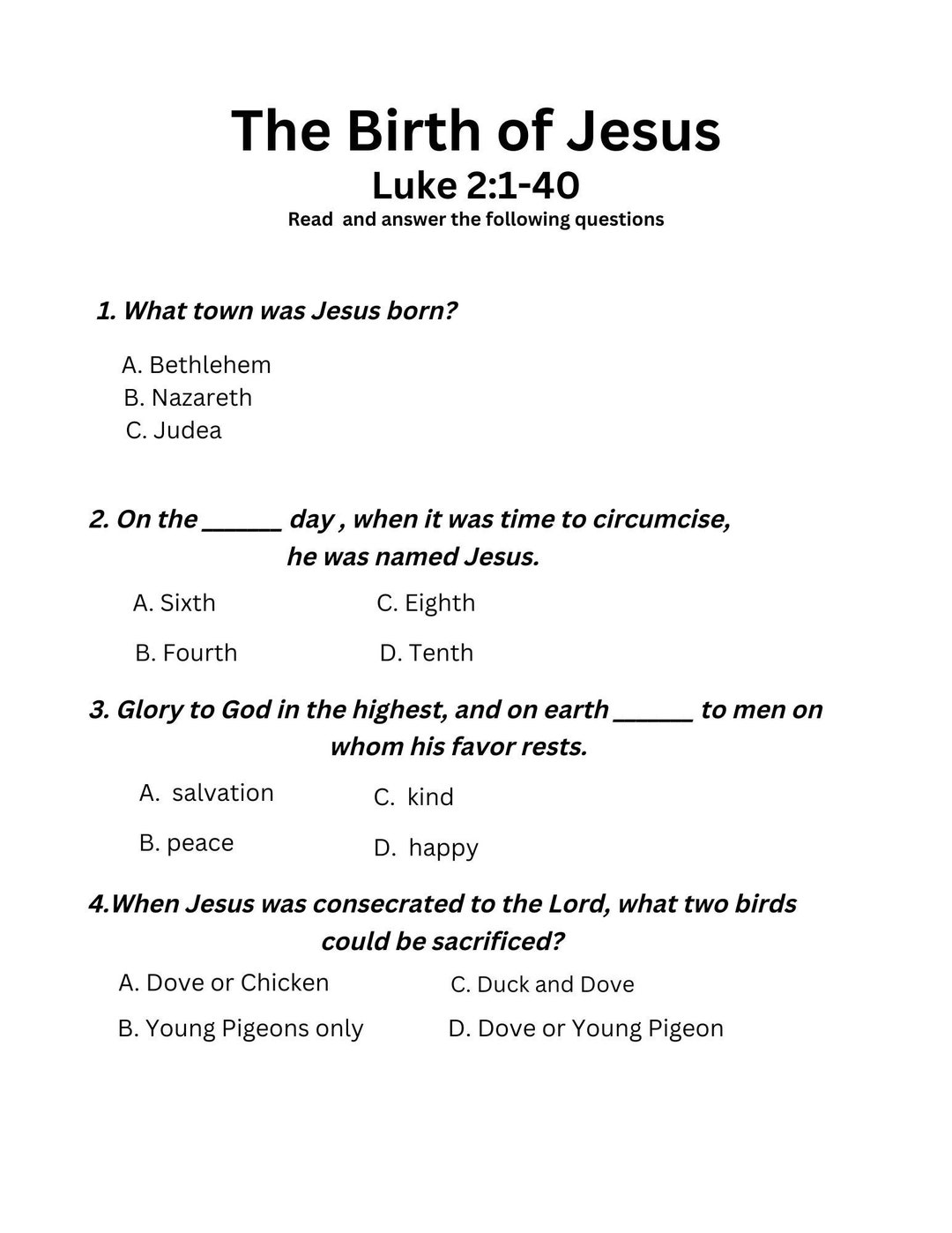 The Birth of Jesus Quiz ( Luke 2:1-40) - Etsy