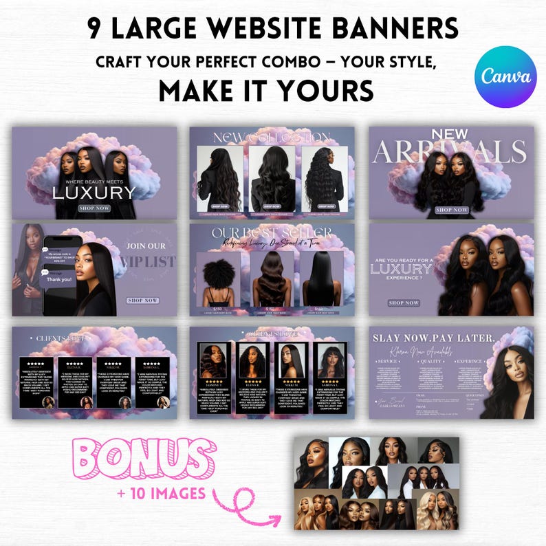 Editable Hair Website Banner Kit: Wig Shop Web Design (canva Template ...