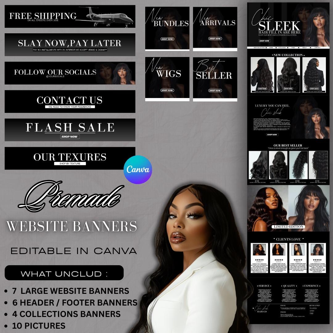 DIY Hair Website Banners Bundle for Shopify | Wig, Extension Website ...