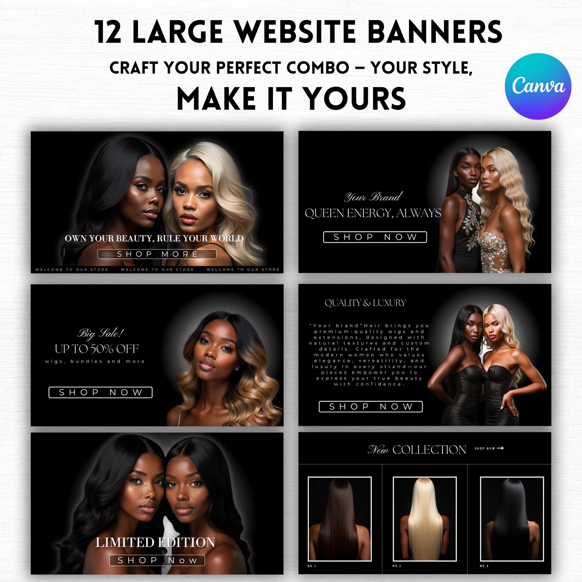 Hair Website Template Canva | Editable Wig & Extension Business Web ...