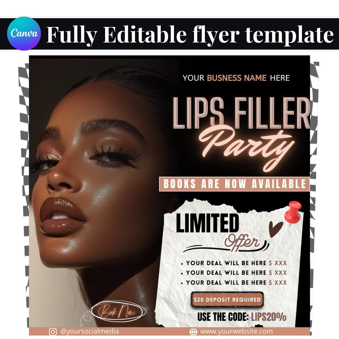 Lip Filler Party Flyer, Editable Medspa Canva Template (8x8 Social ...