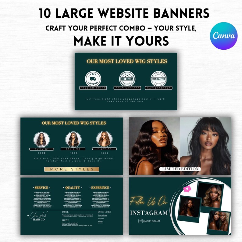 Canva Hair Website Banners | Luxury Salon & Wig Shop Templates (digital ...