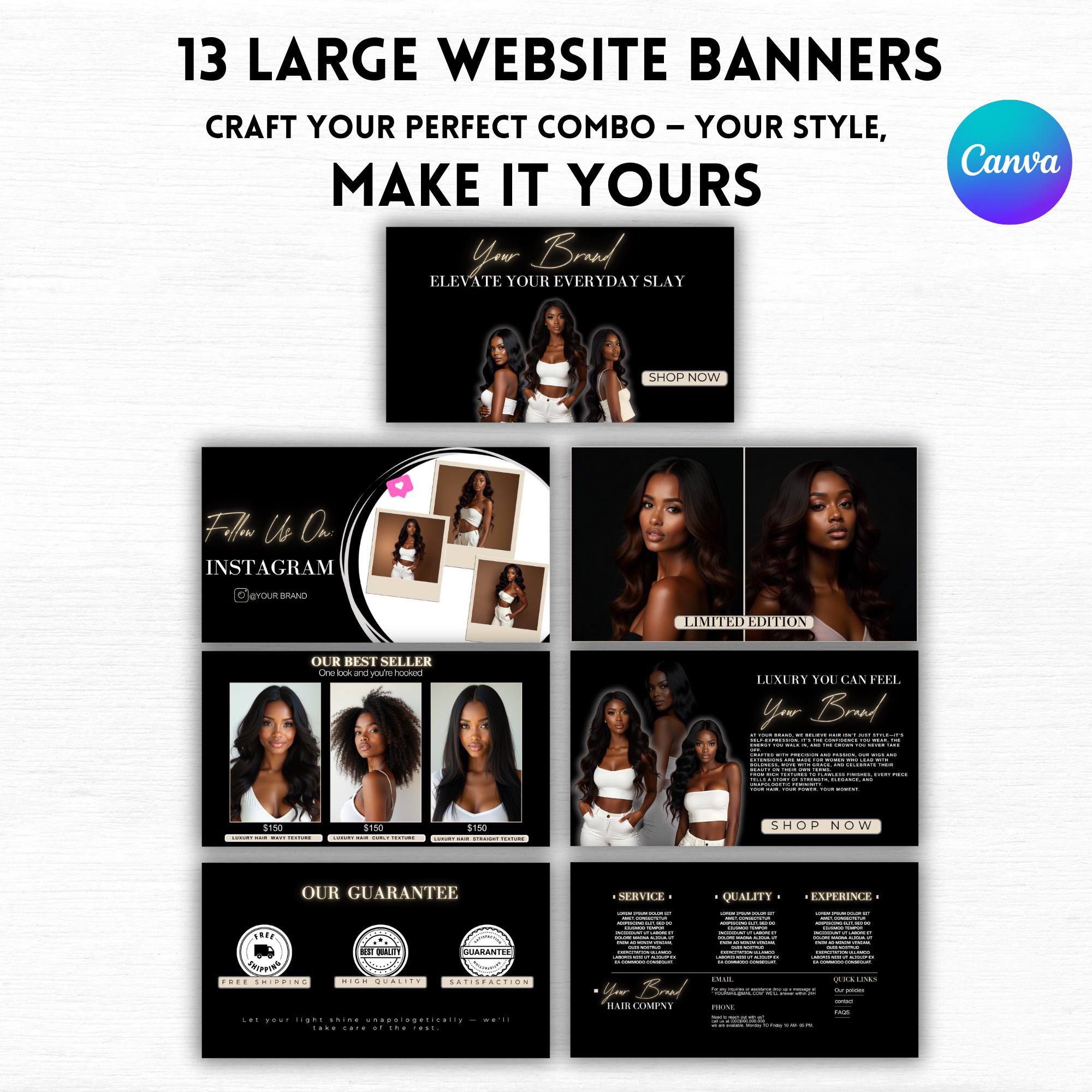 Wig & Hair Website Template Bundle | Editable Black/gold Shopify Canva ...