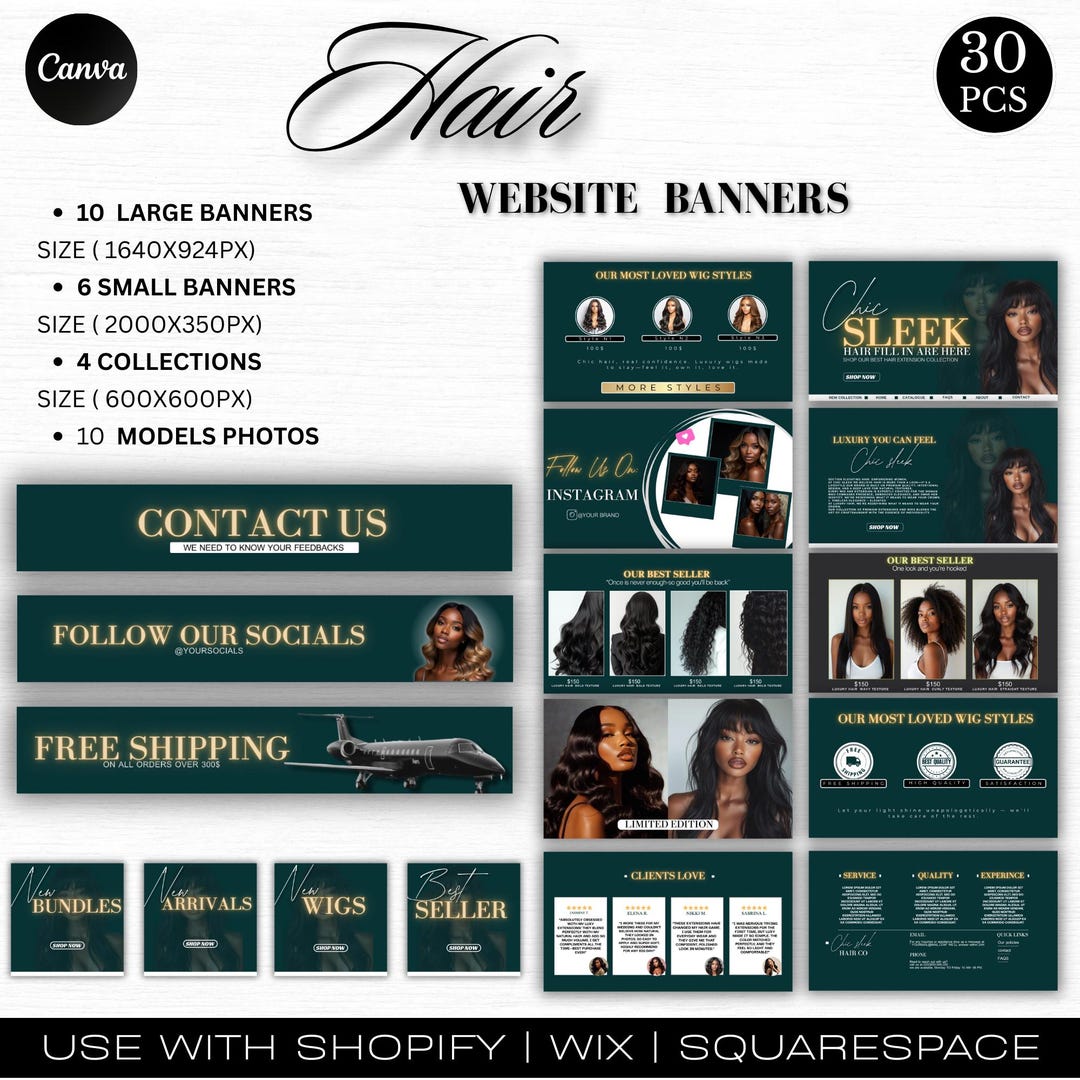 Canva Hair Website Banners | Luxury Salon & Wig Shop Templates (digital ...