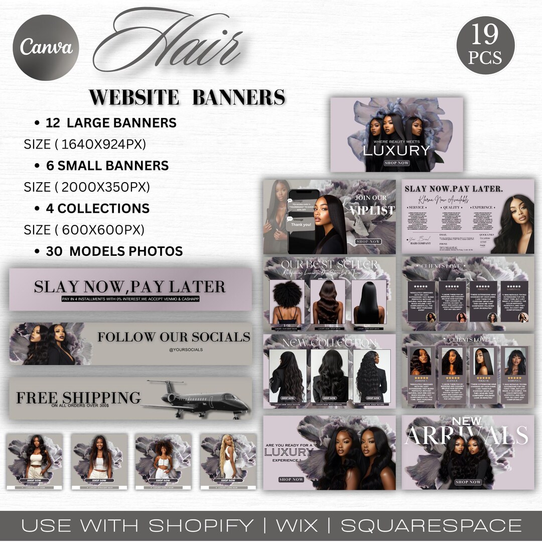 Editable Hair Website Banners: Wig & Extension Business Shopify Wix ...