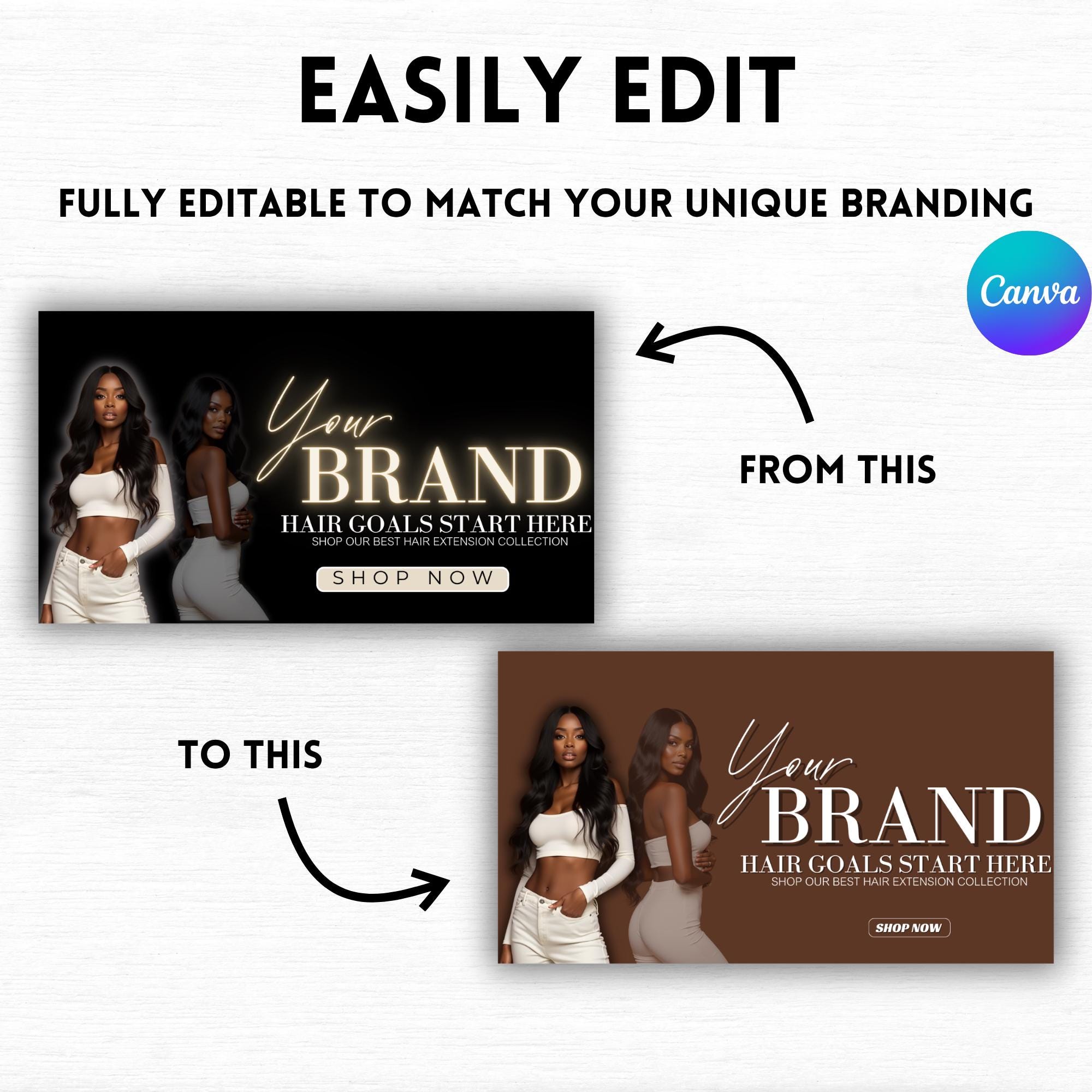 Wig & Hair Website Template Bundle | Editable Black/gold Shopify Canva ...