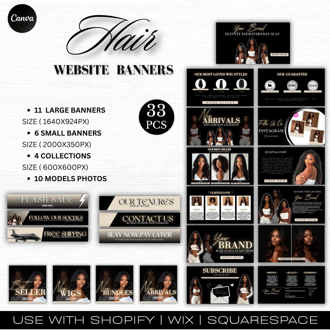 Wig & Hair Website Template Bundle | Editable Black/gold Shopify Canva ...
