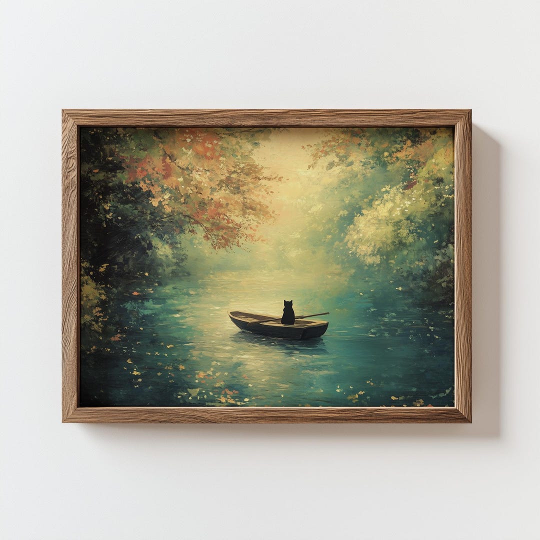 Cat in Rowboat Painting River Scene Forest Landscape Digital Print Cozy ...