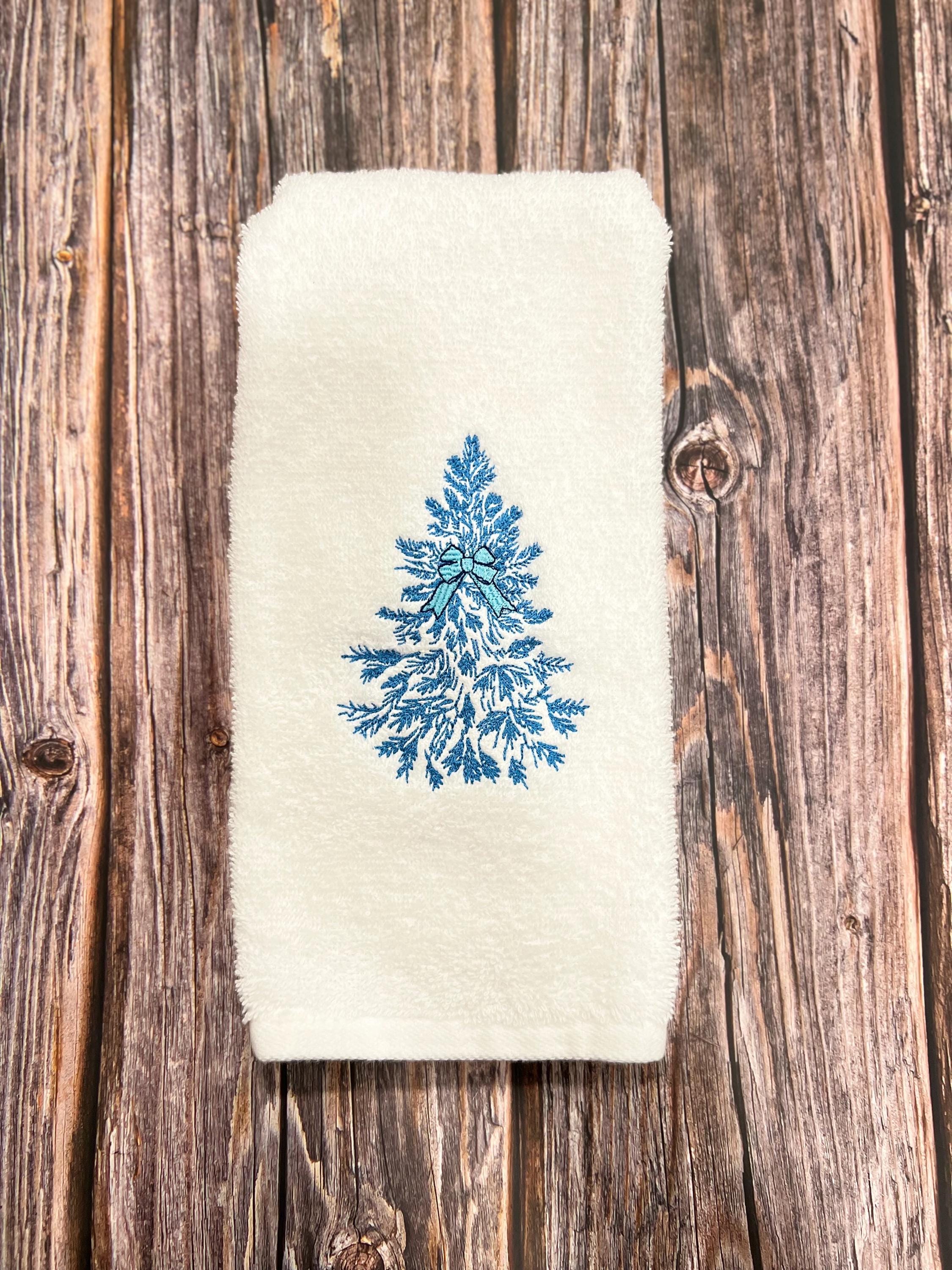 Winter Christmas Tree Embroidered Bath Hand Towel Blue Bow Christmas ...