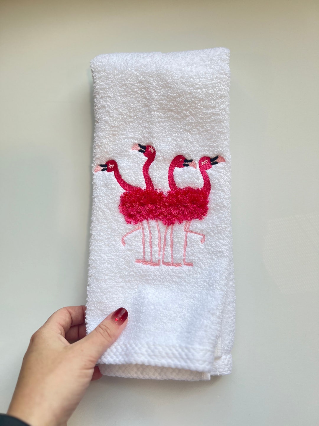 Flamingo Hand Towel, Fringed Fluffy Flamingos, Embroidered Flamingos ...