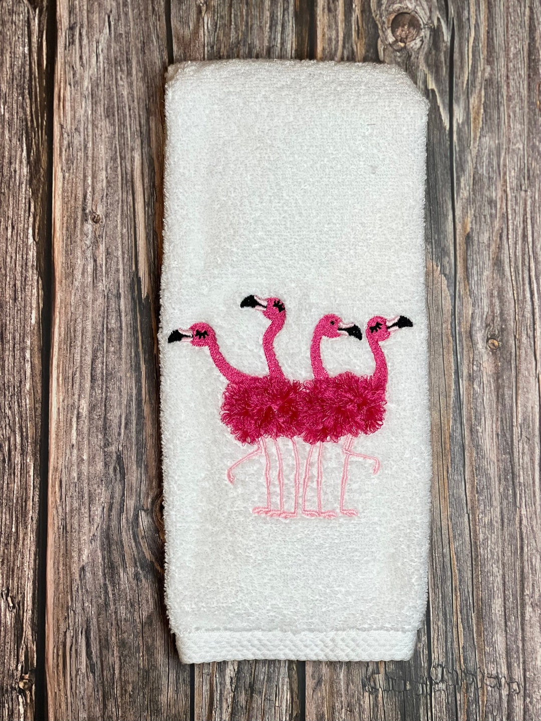 Flamingo Hand Towel, Fringed Fluffy Flamingos, Embroidered Flamingos ...