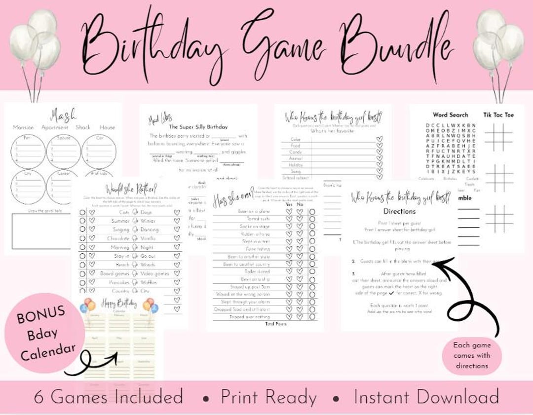 Birthday Girl Printable Game Bundle - 6 Fun Party Games With ...