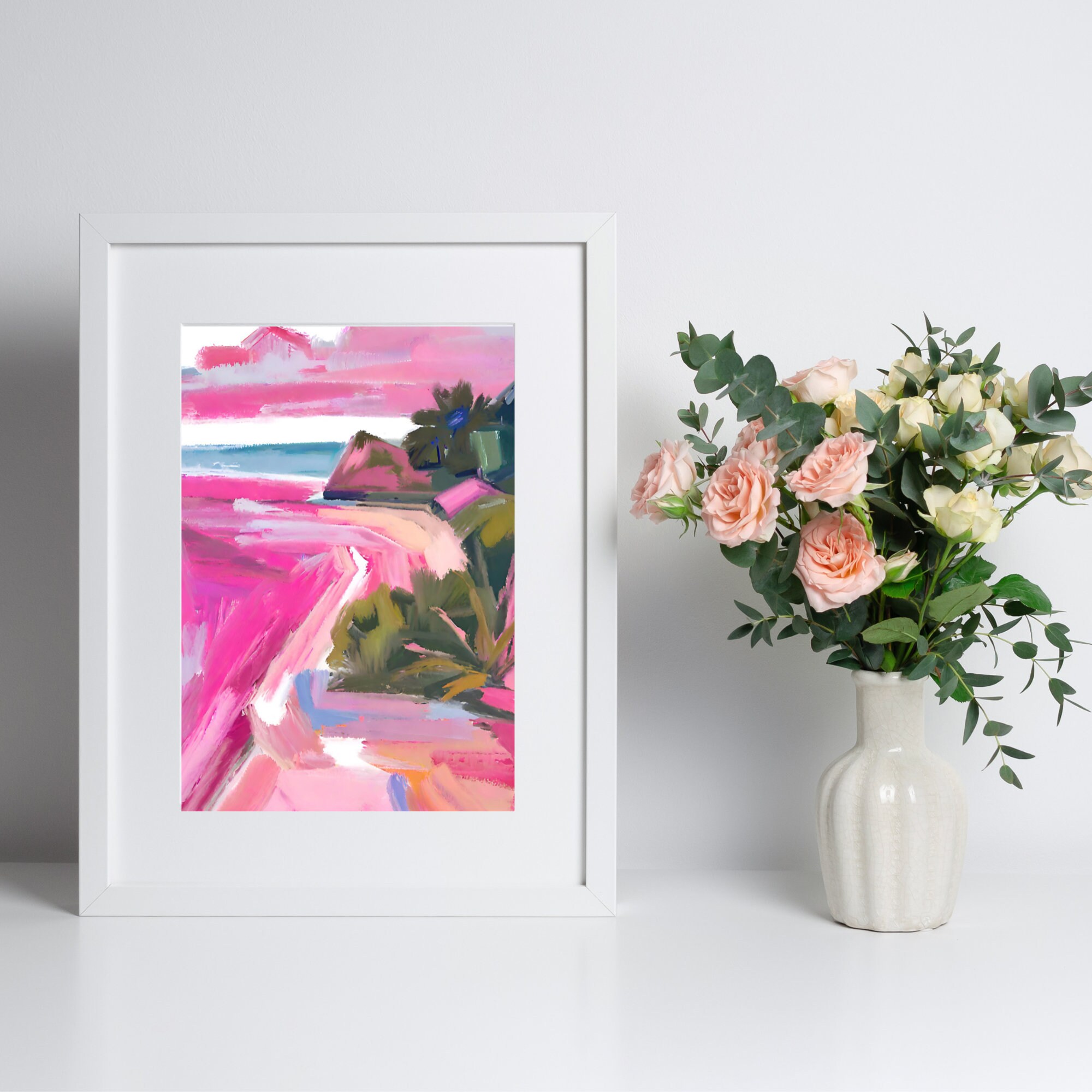 Painting Pink Beach Art, Boho Beach Art, Pink Home Decor, Pink Art ...