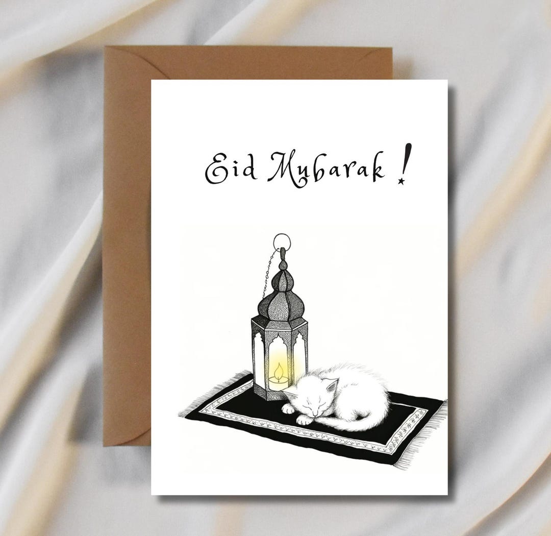 Eid Mubarak Card Cat | Eid Al-fitr Card, Islamic Card, Cute Cat Eid ...