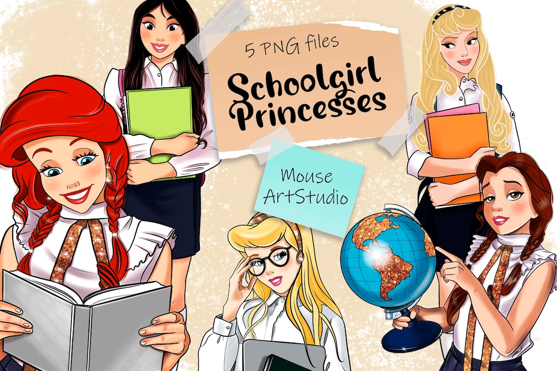 Schoolgirl Princesses Aurora PNG Ariel Mulan Cinderella - Etsy New Zealand