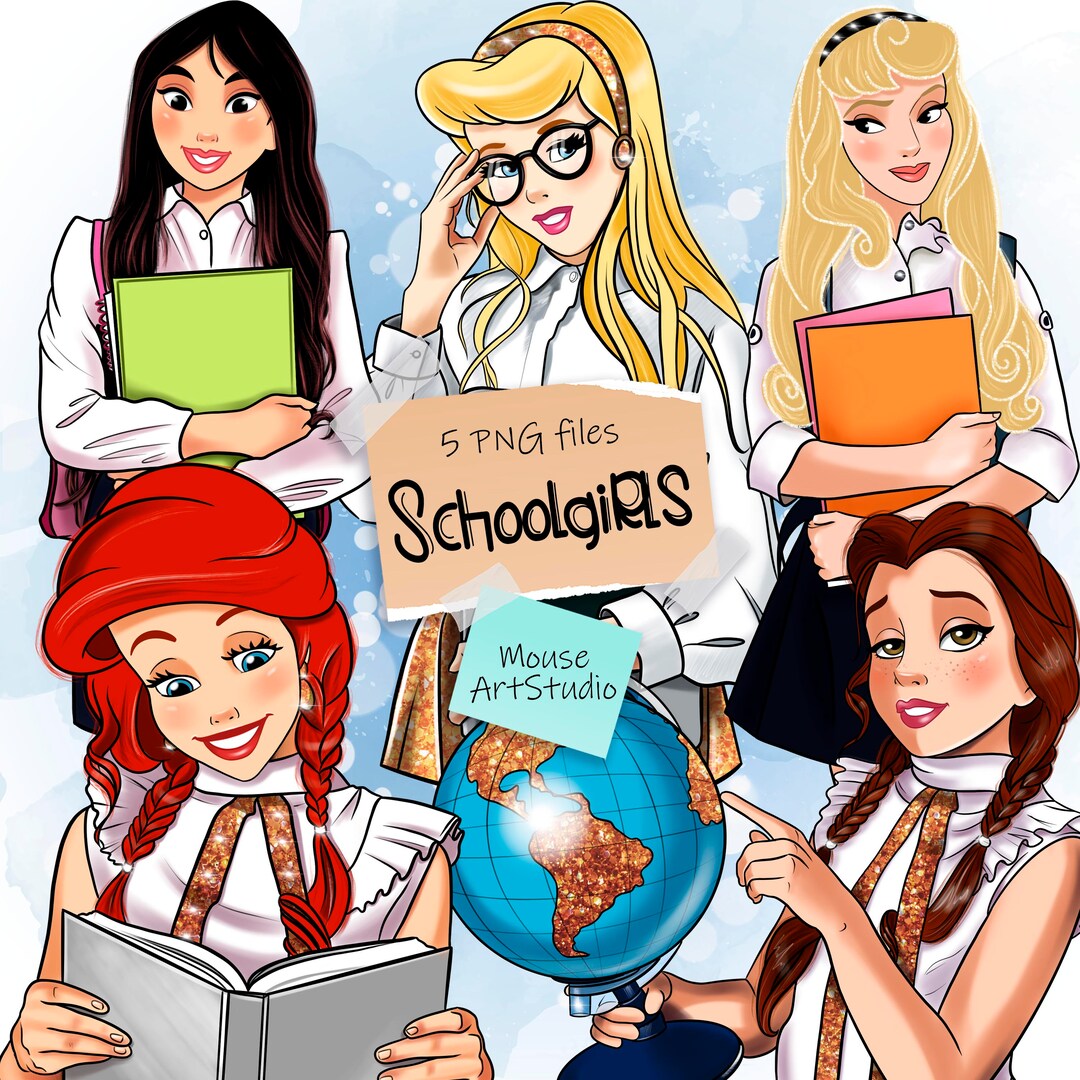 Schoolgirl Princesses, Aurora PNG, Ariel, Mulan, Cinderella, Belle ...