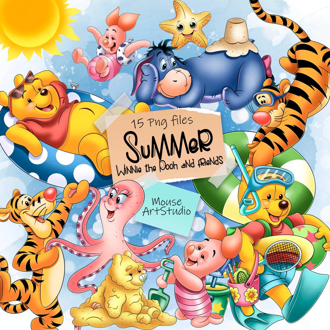 Winnie the Pooh Clipart: Summer Theme PNG Illustrations (digital ...
