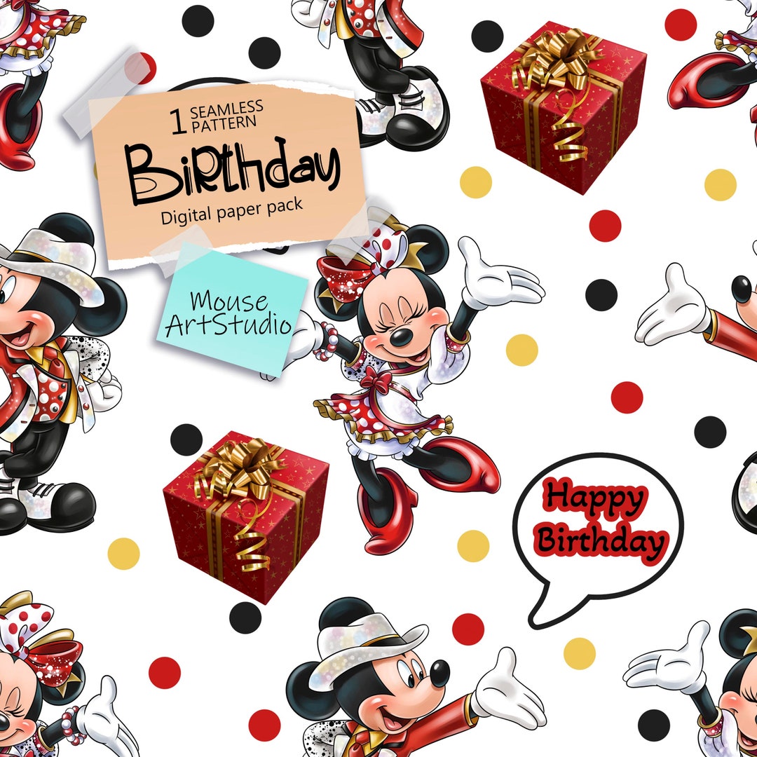 Seamless Pattern, Mickey and Minnie, Birthday, Decorative Paper ...