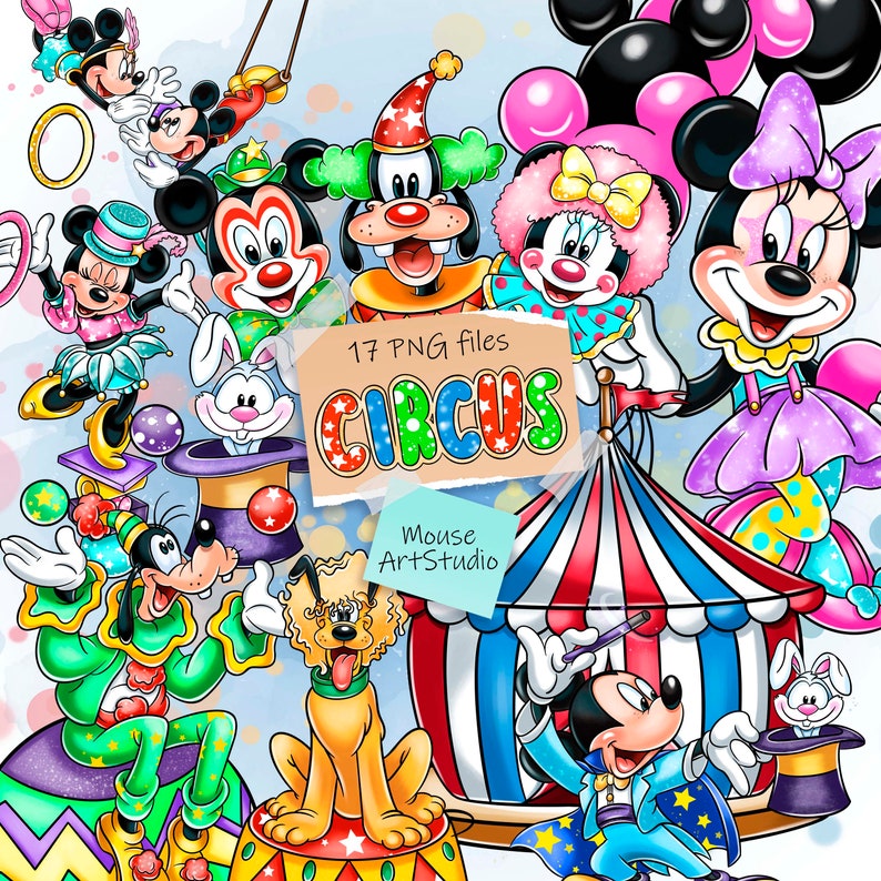 Circus, Mickey and Minnie, Goofy, Pluto, Clowns, Acrobats, Sublimation ...