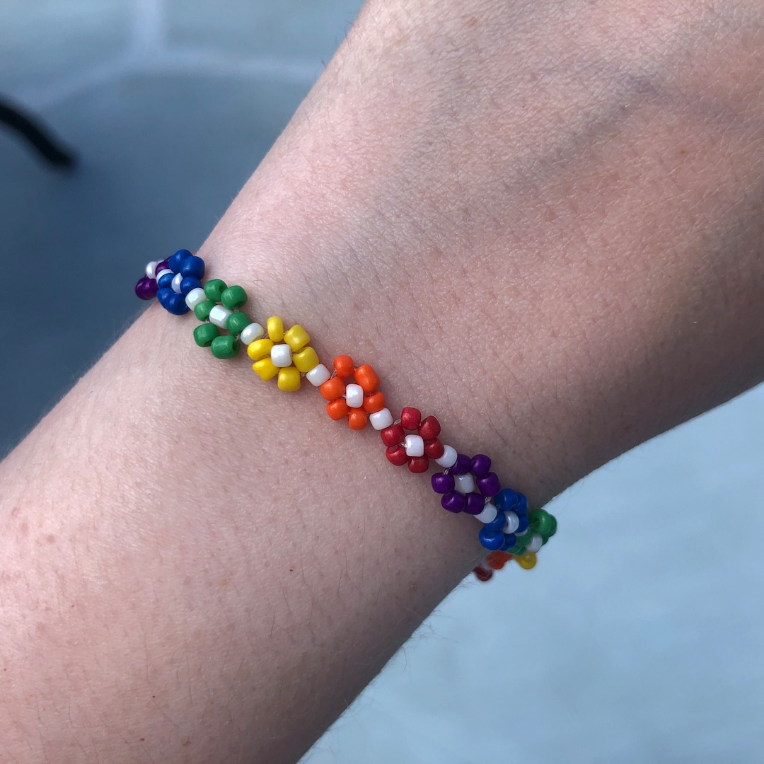 Rainbow Flower Chain Seed Bead Bracelet 17 Cm - Etsy