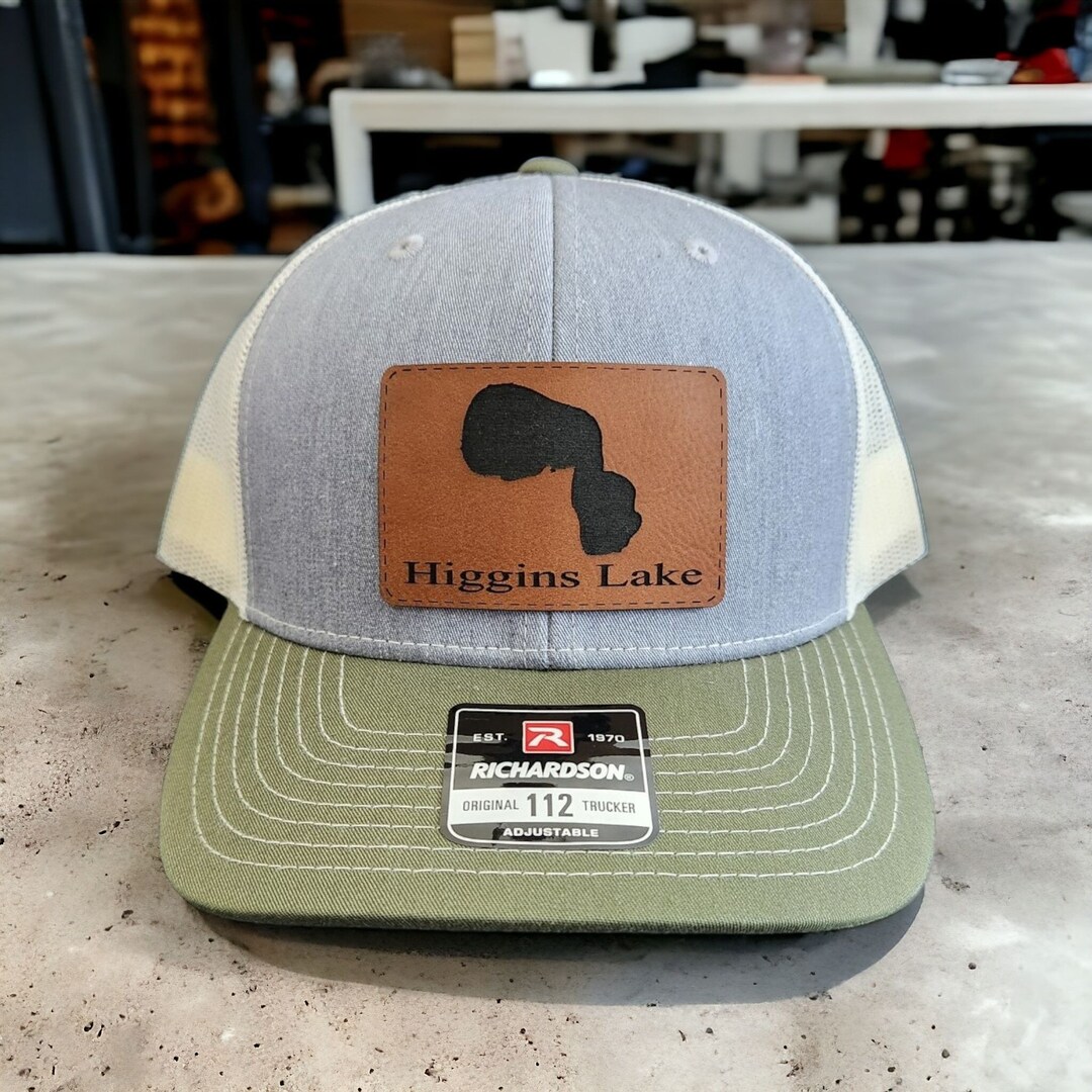 Higgins Lake Patch Hat Leather Patch Trucker Hat Michigan Lakes ...