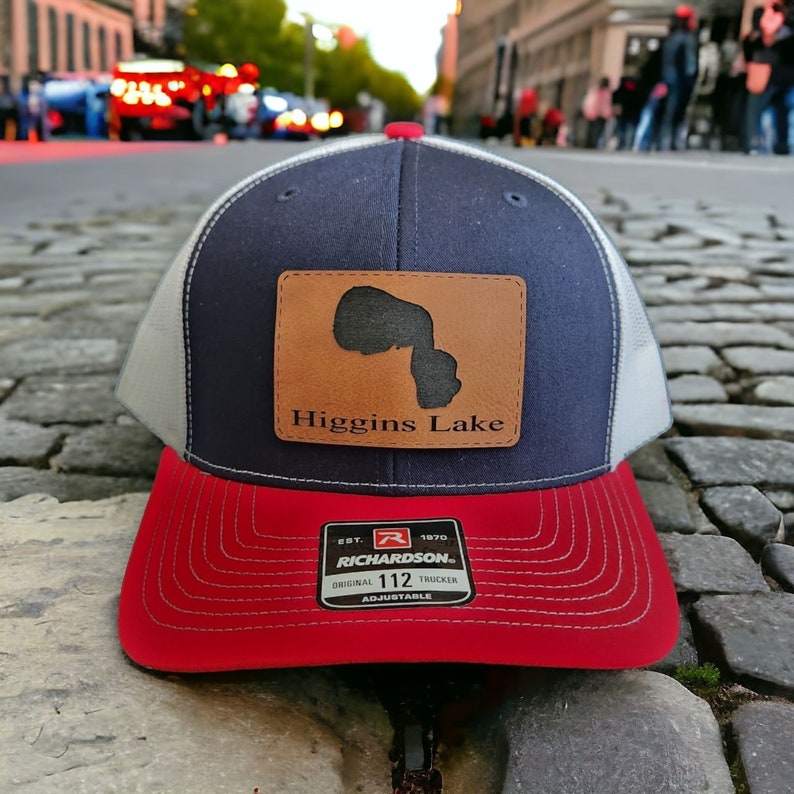 Higgins Lake Patch Hat Leather Patch Trucker Hat Michigan Lakes ...