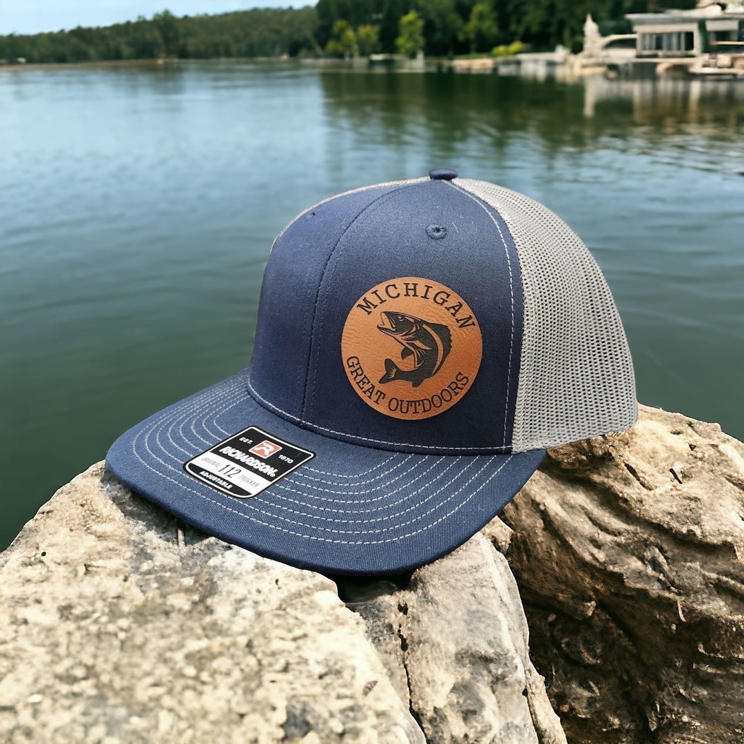Michigan Fishing Leather Patch Hat Outdoor Hunting Fishing Camping Patch Leather Patch Hat ...