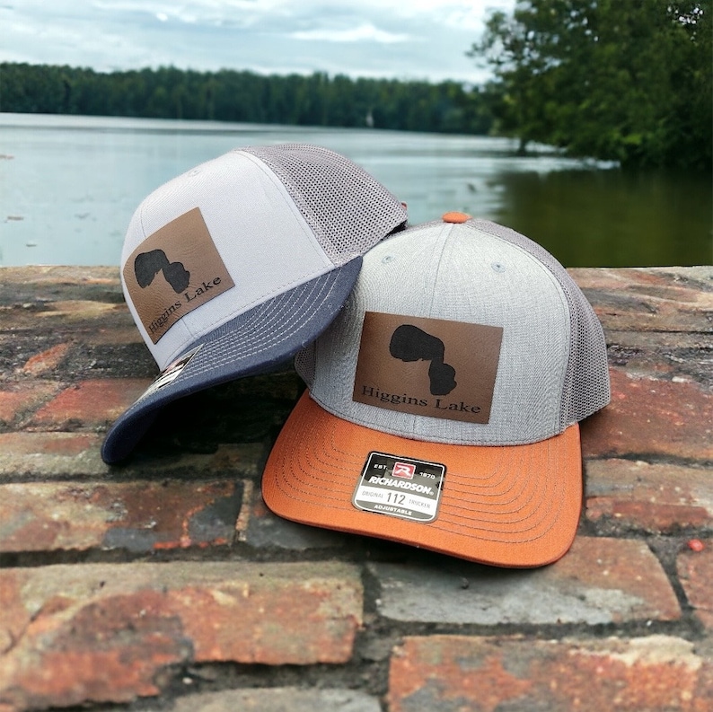 Higgins Lake Patch Hat, Leather Patch Trucker Hat, Michigan Lakes ...