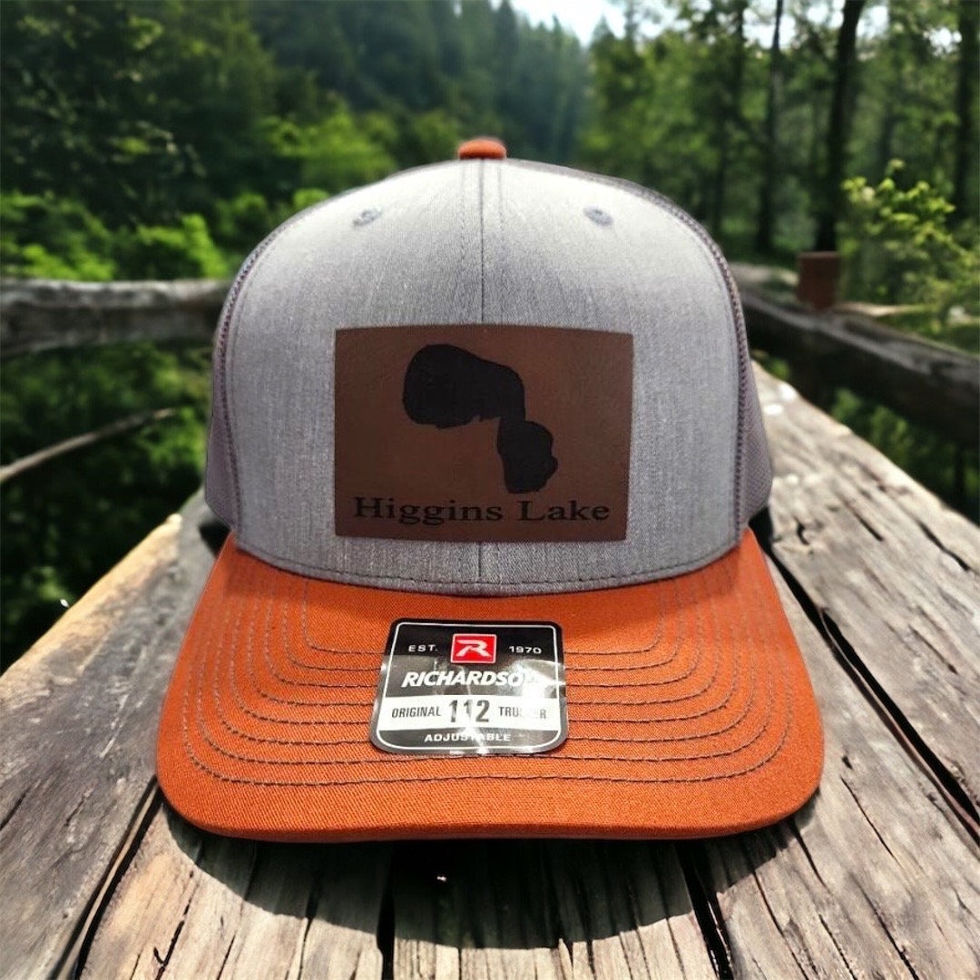 Higgins Lake Patch Hat, Leather Patch Trucker Hat, Michigan Lakes ...