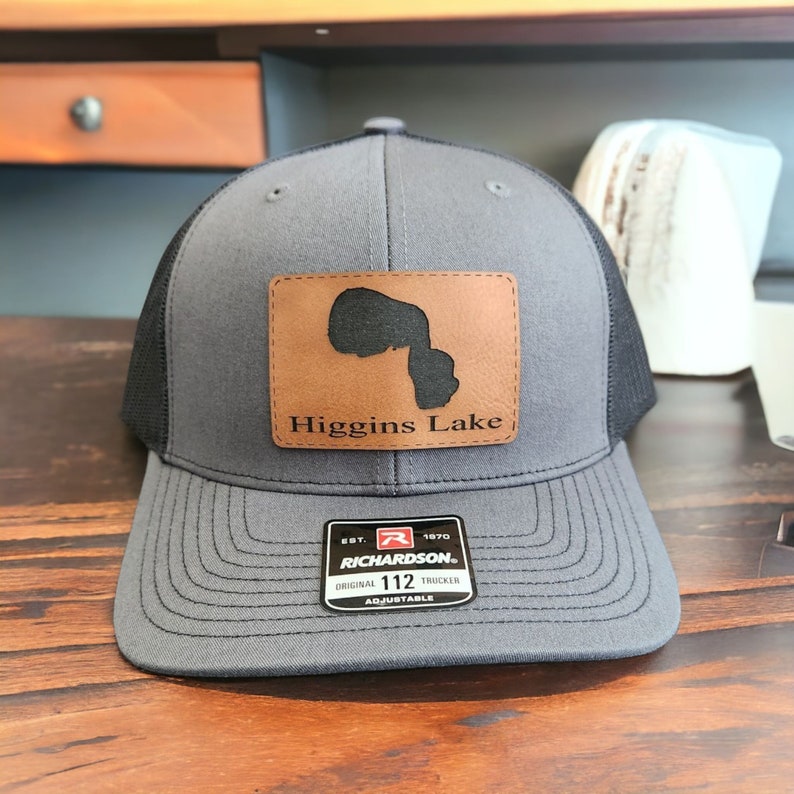 Higgins Lake Patch Hat Leather Patch Trucker Hat Michigan Lakes ...