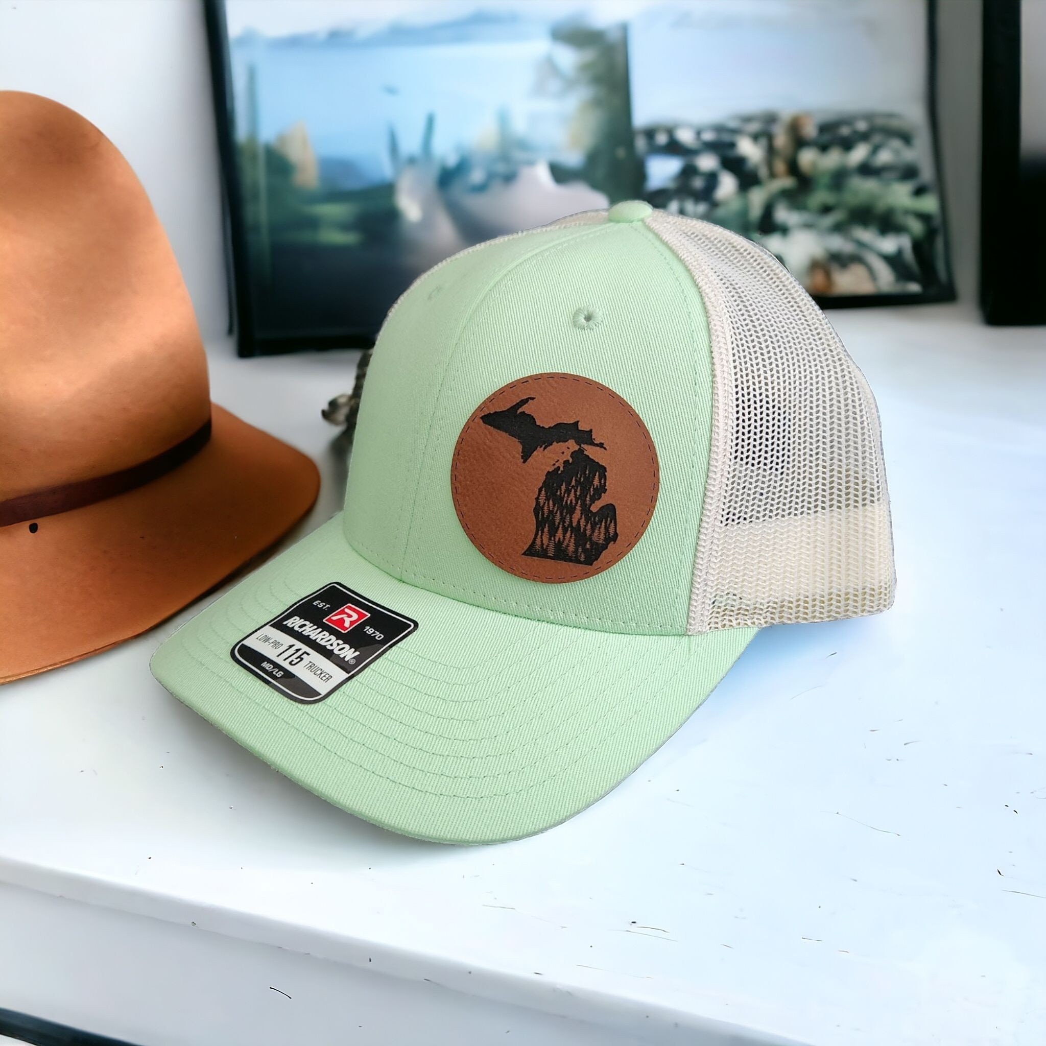 Michigan Patch Hat Leather Patch Trucker Hat Michigan Gifts Custom Hat ...