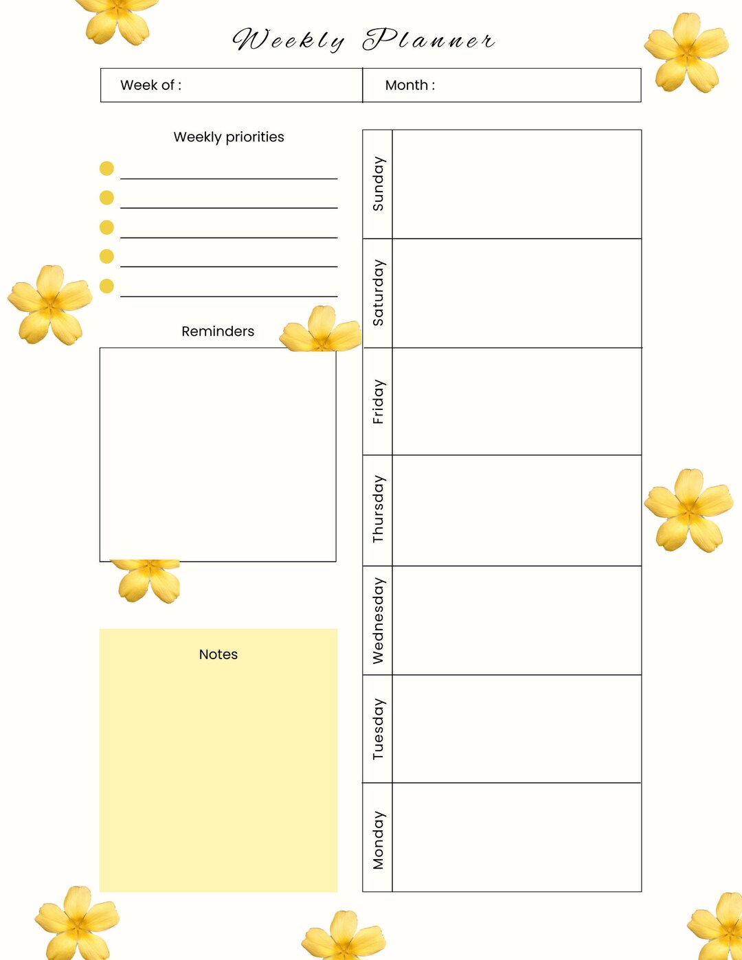 Weekly Digital Planner, Single Page Planner, Instant Download, Weekly ...