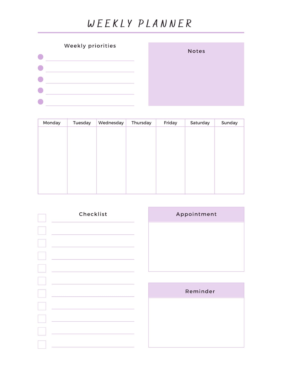 Purple Minimalist Weekly Planner, Instant Download, Printable Weekly ...