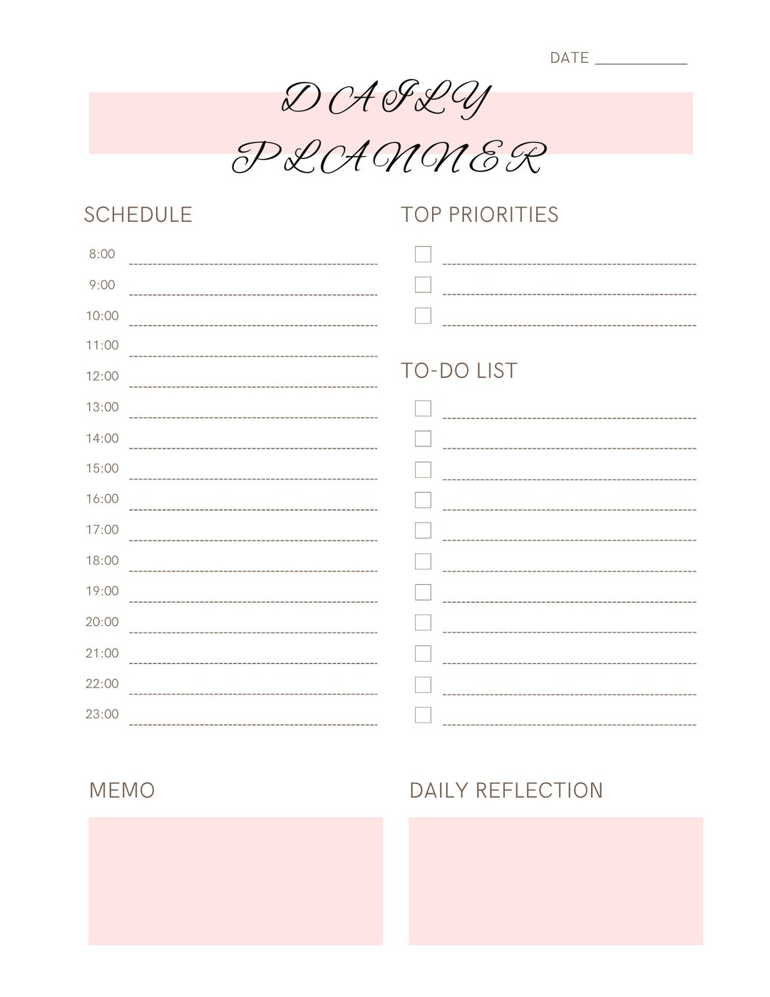 Pink Minimalist Daily Planner, Instant Download, Minimal Productivity ...