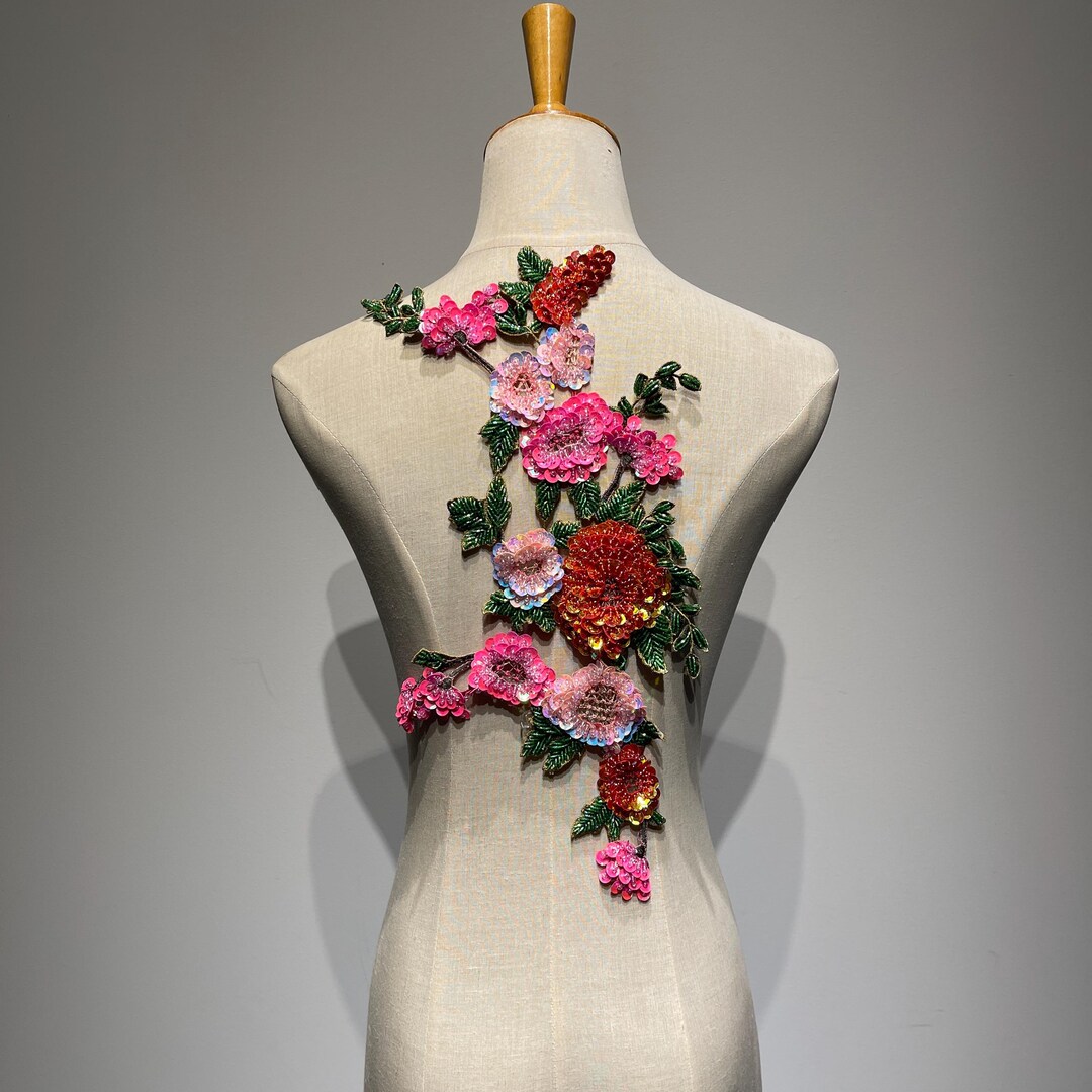 Sparkling Floral Embroidered Patch - Handmade Sequin Flower Appliqué ...