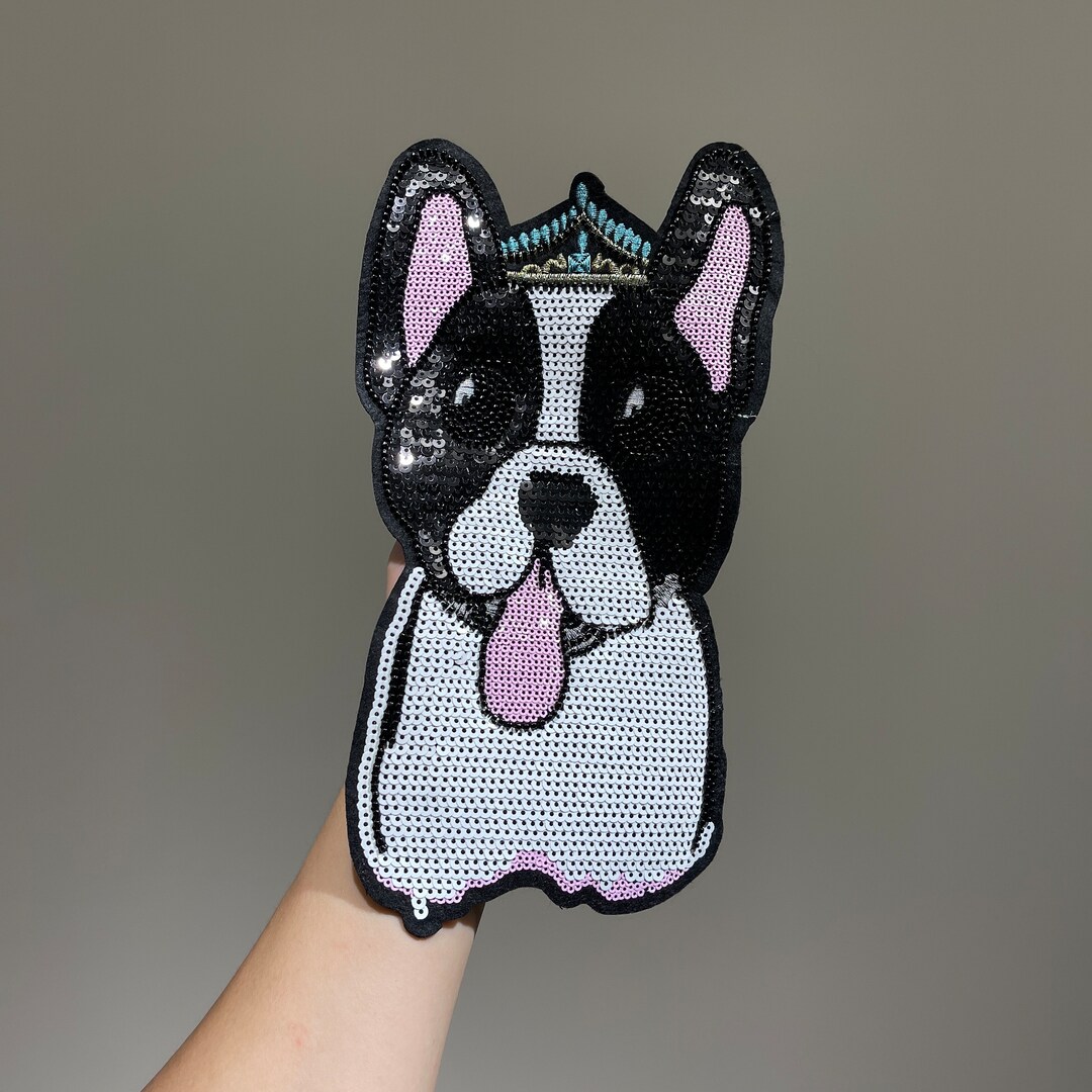 Large Handmade Beaded Sequins Crown French Bulldog Sew on Patches for Clothes Embroidered ...